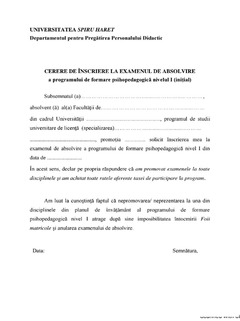 Nivel I Cerere Inscriere Examen Absolvire | PDF