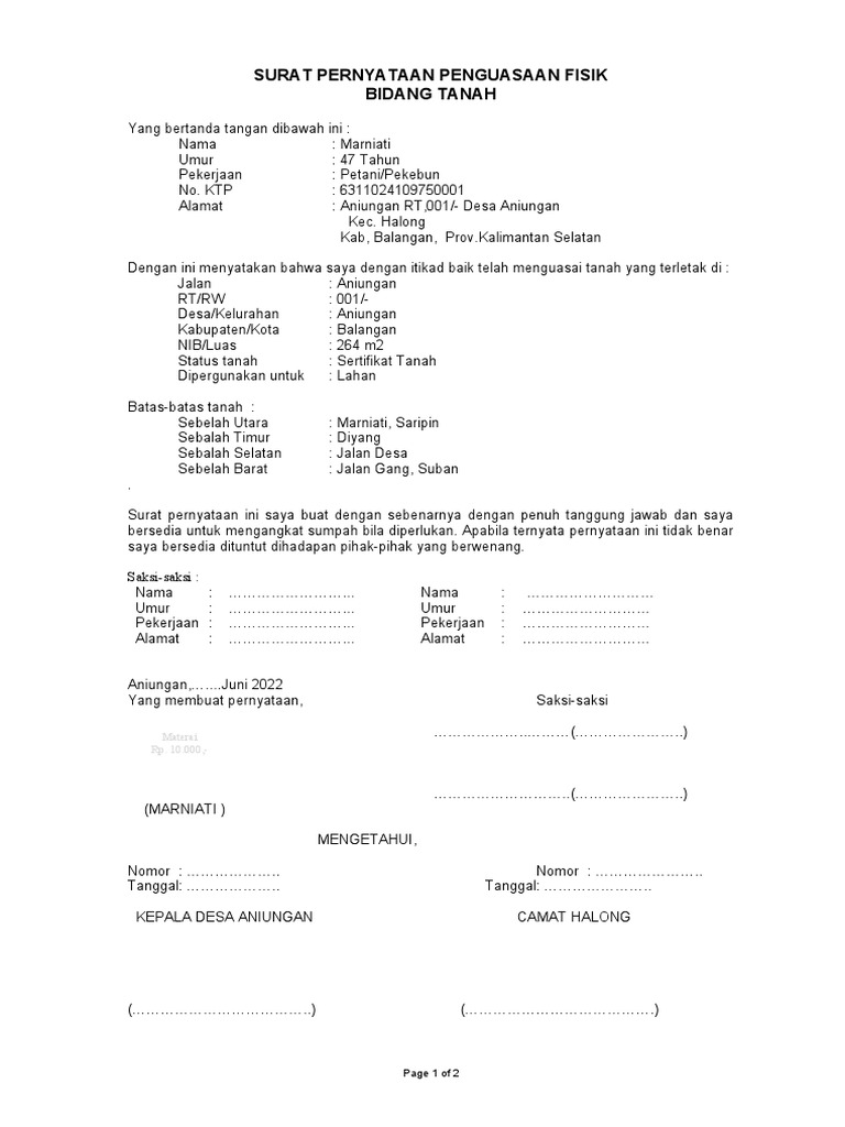 Pernyataan Kepemilikan Tanah | PDF