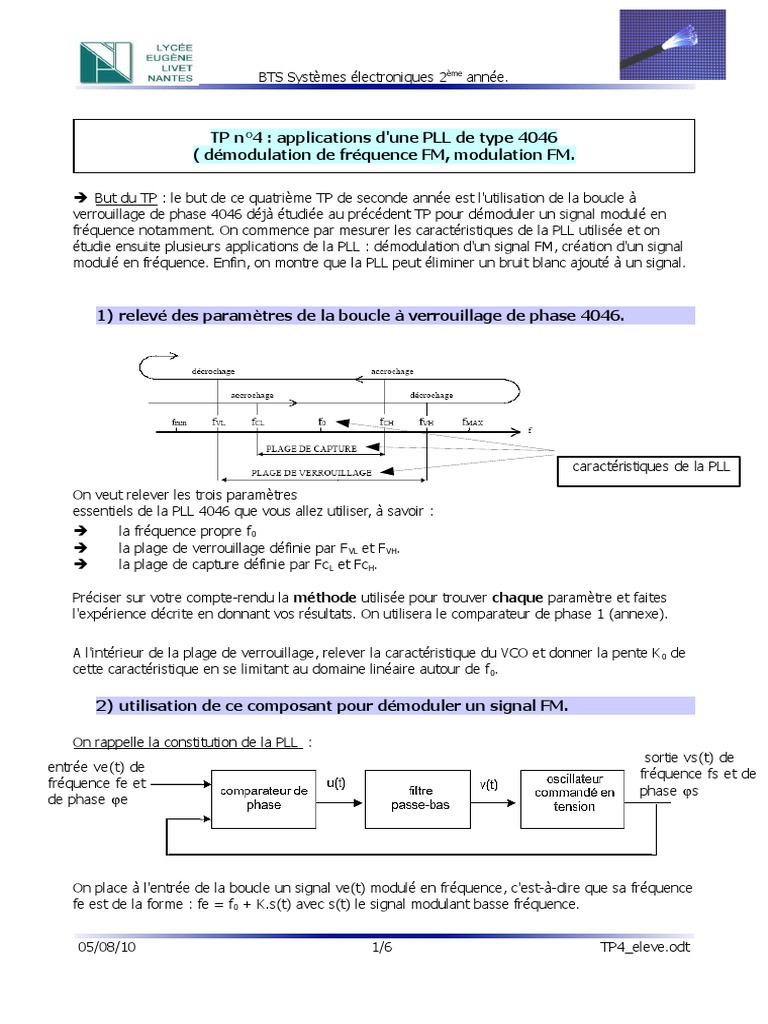 TP N 4 - Applications D'une PLL de Type 4046 (Démodulation de Fréquence ...