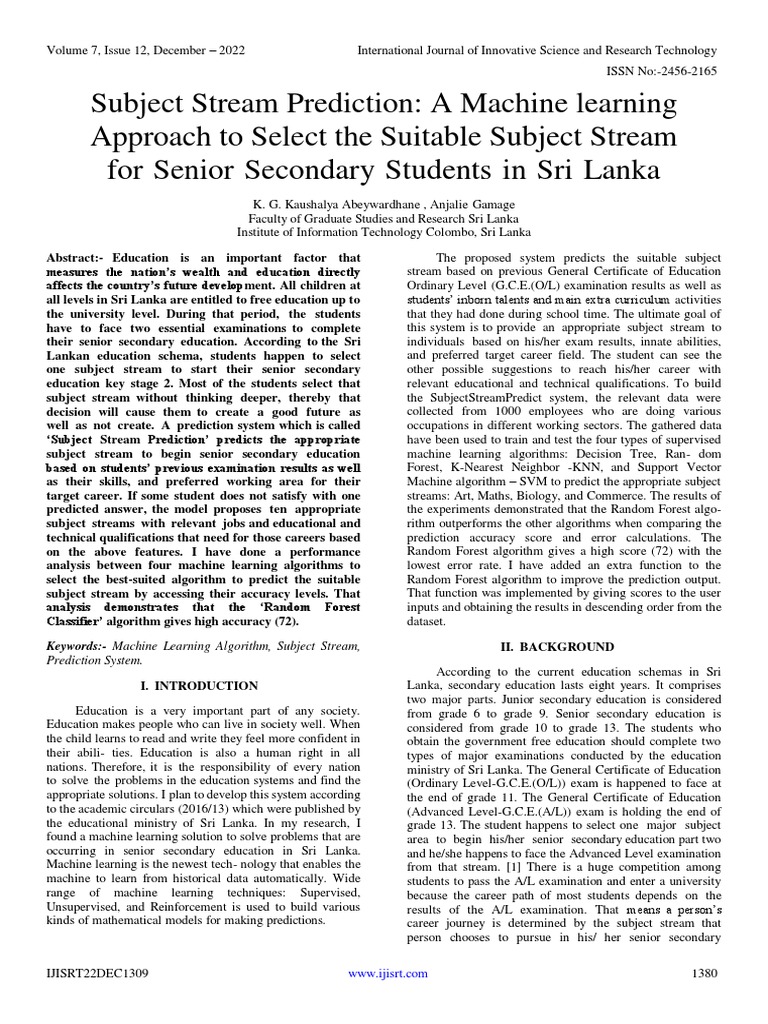 Subject Stream Prediction A Machine Learning Approach To Select The ...