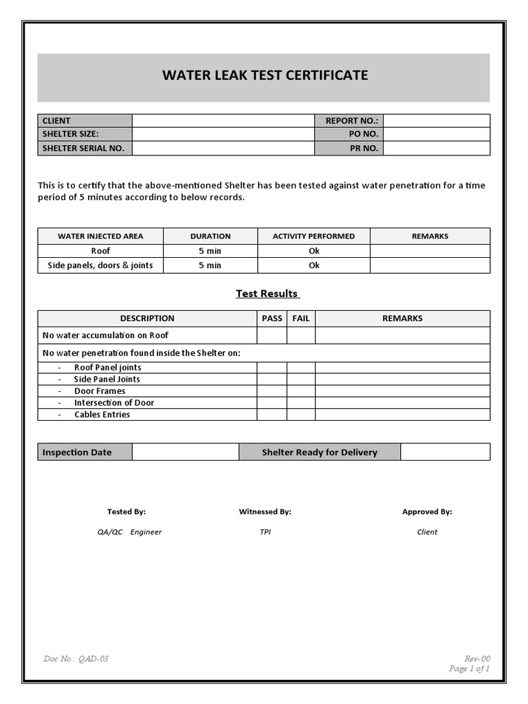 Water Leak Test Report Sample | PDF