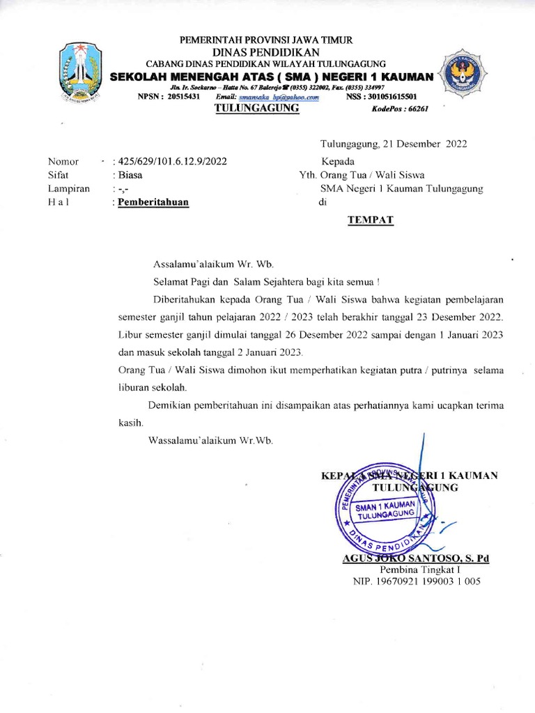 Pemberitahuan Libur Semester Ganjil 2022 | PDF