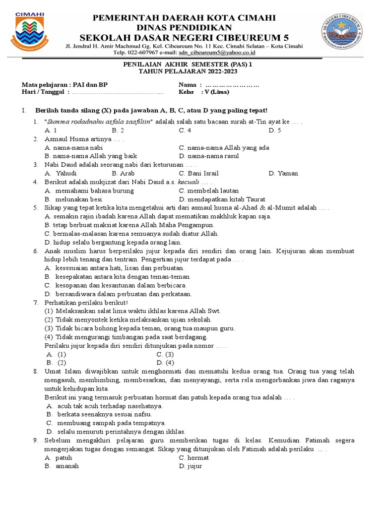 SOAL PAS PAI KLS 5 Semester 1 Komplit-1 | PDF | Agama & Spiritualitas