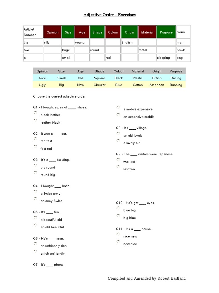 Adjective Order Exercises | PDF