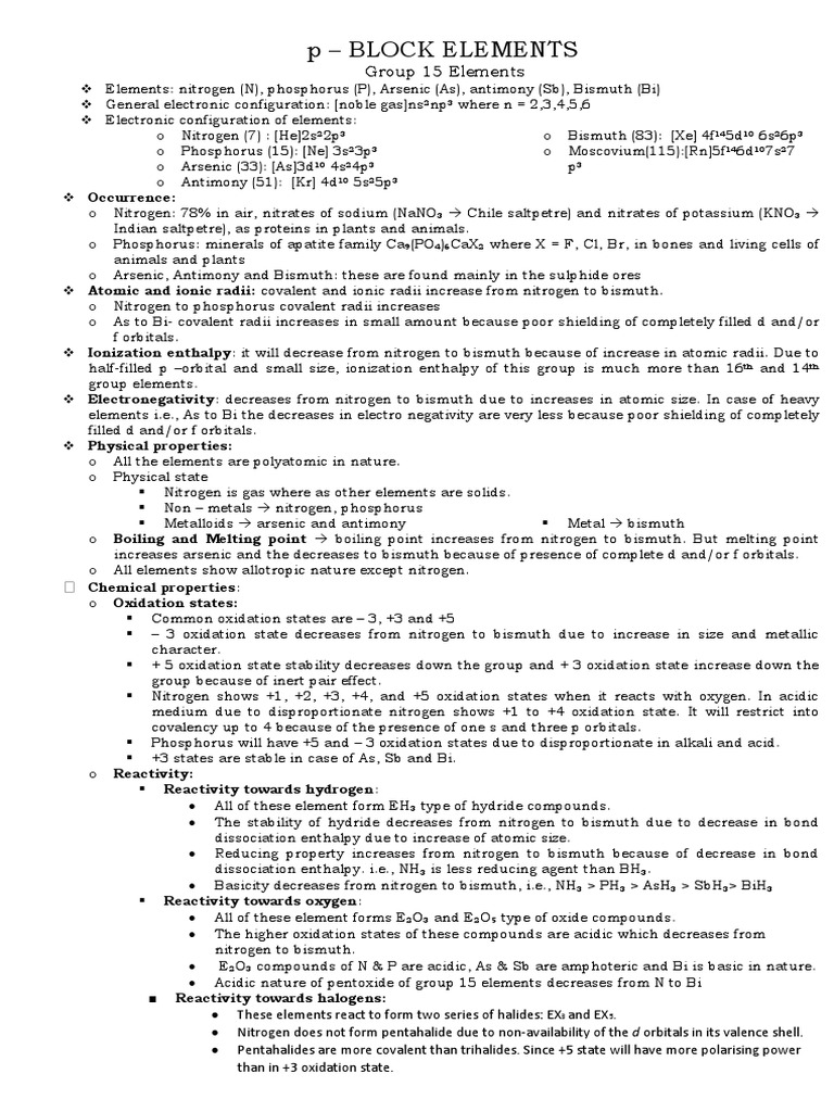 P Block Elemets | PDF | Chlorine | Nitric Acid