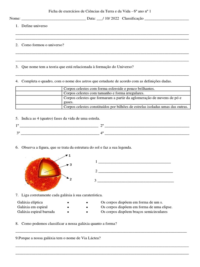 Ficha de exercícios de Ciências da Terra e da Vida nº1- 6º ano. | PDF | Via Láctea | Objetos ...