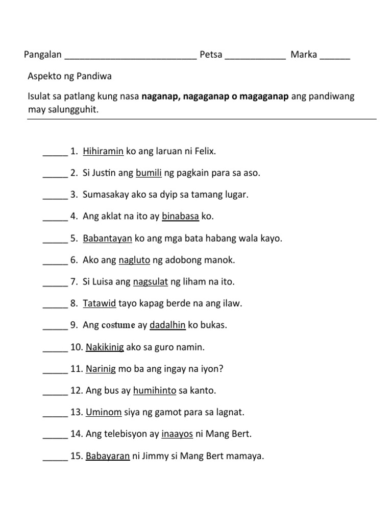 Aspekto NG Salitang Kilos o Pandiwa 10 1 | PDF