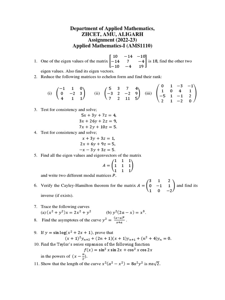 Assignment AMS1110 2022-23 | Download Free PDF | Eigenvalues And Eigenvectors | Matrix (Mathematics)