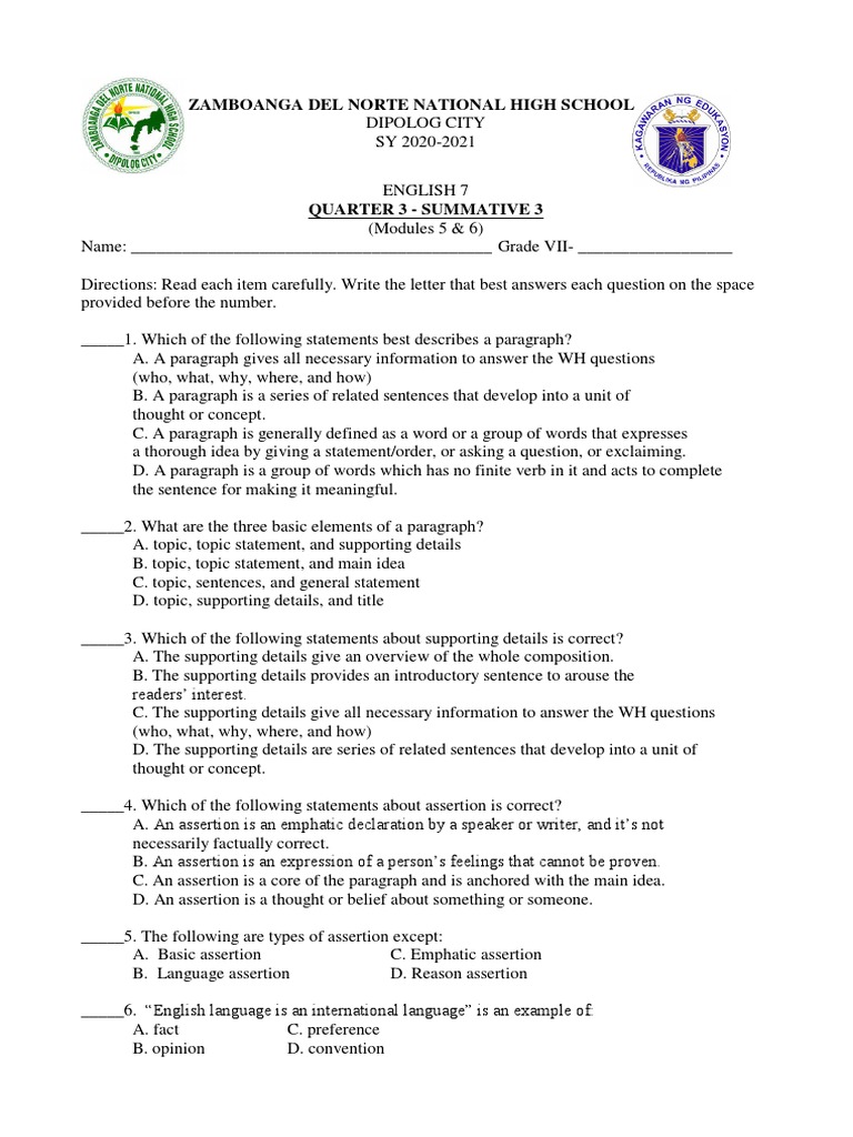 English 7 Quarter 3 Summative Test 3 and Performance Task 3 | Download ...
