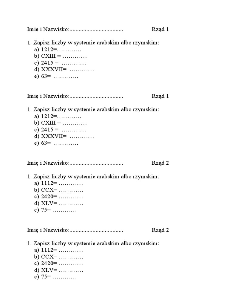 Kartkowka Klasa 4 Liczby Rzymskie | PDF