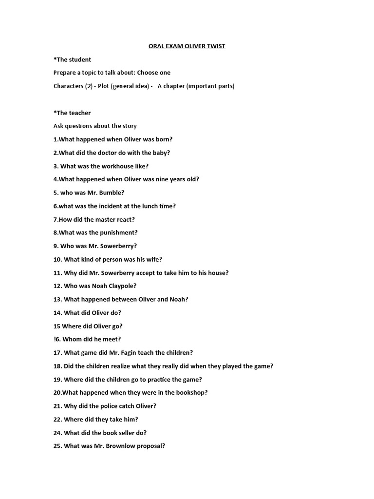 Oliver Twist Oral Exam Guide | PDF | Mystery, Thriller & Crime Fiction