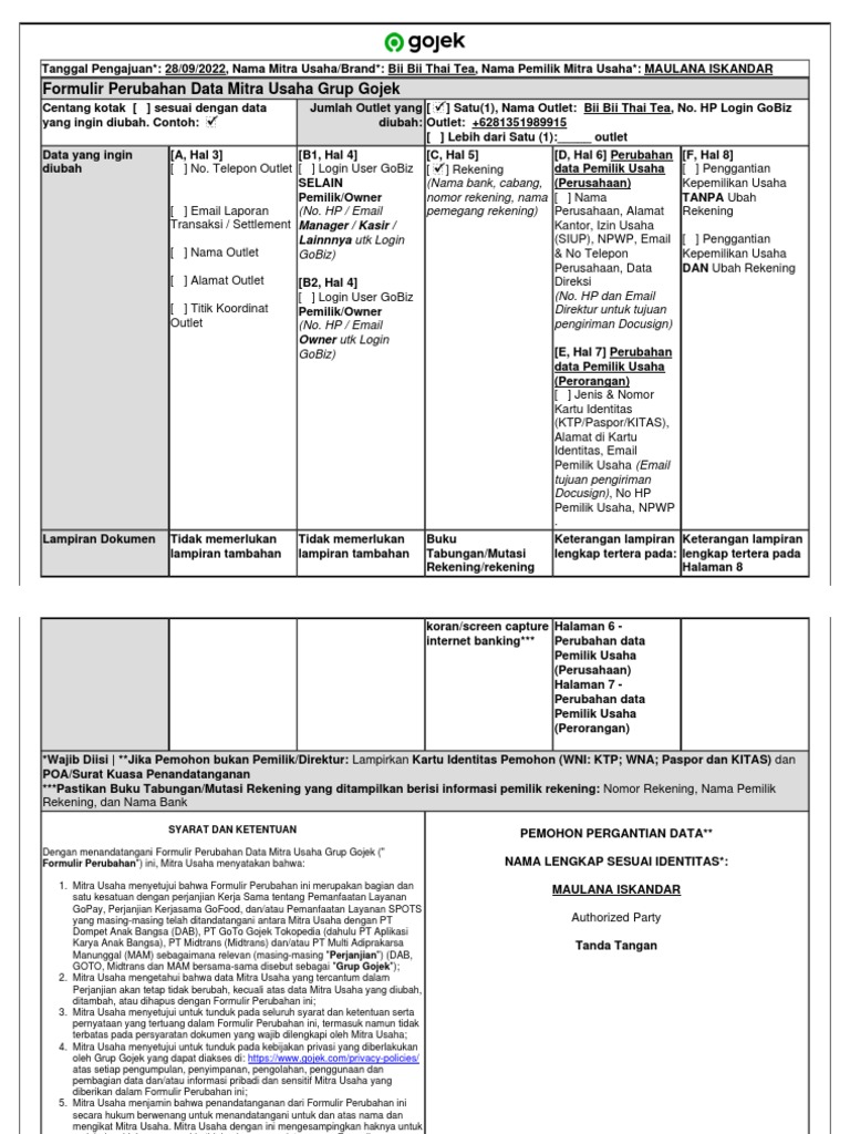 Form Change Bank Account G159760349 | PDF