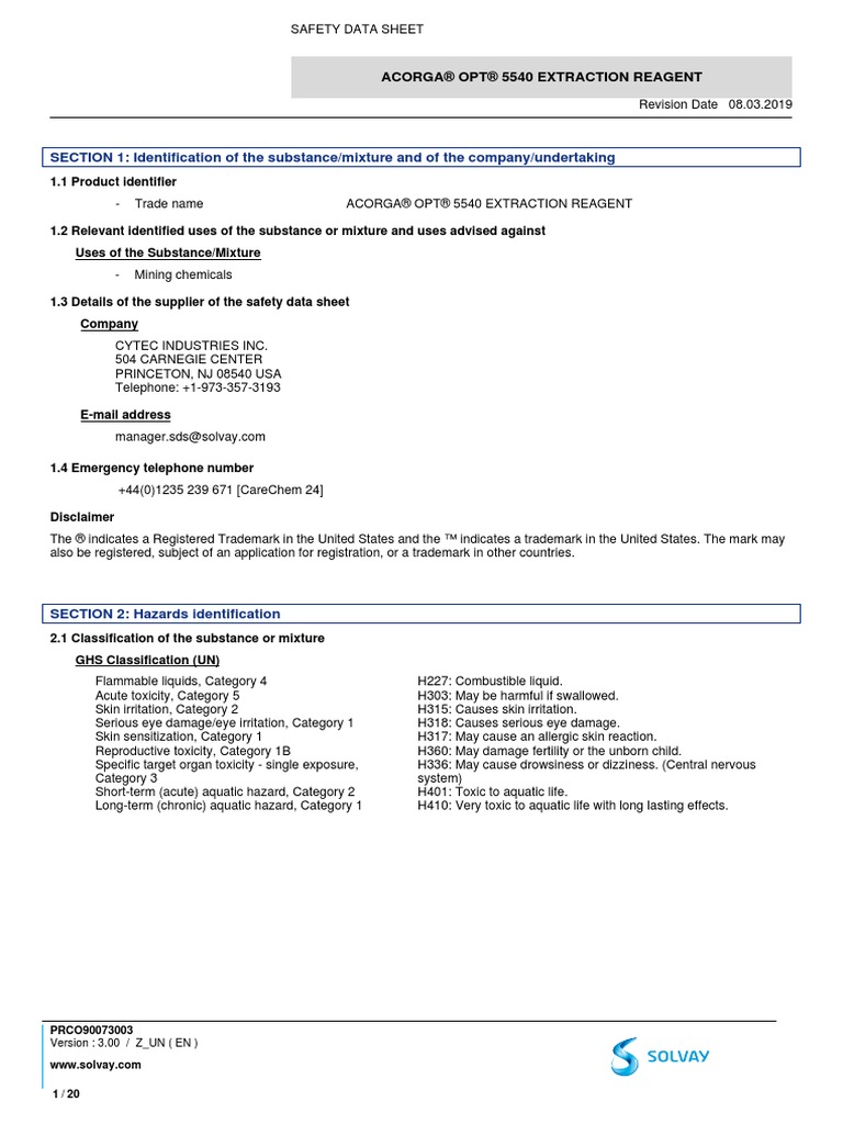 Msds-Acorga Opt5540 en | PDF | Toxicity | Firefighting