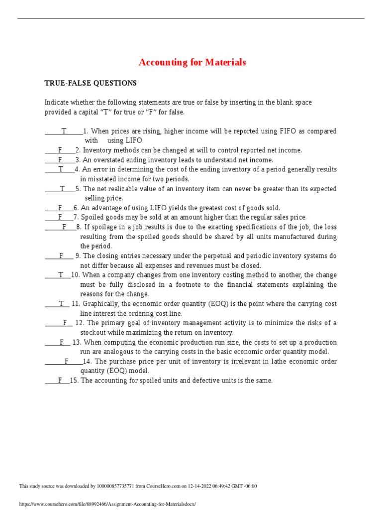 Assignment Accounting For Materials | PDF | Inventory | Financial Economics