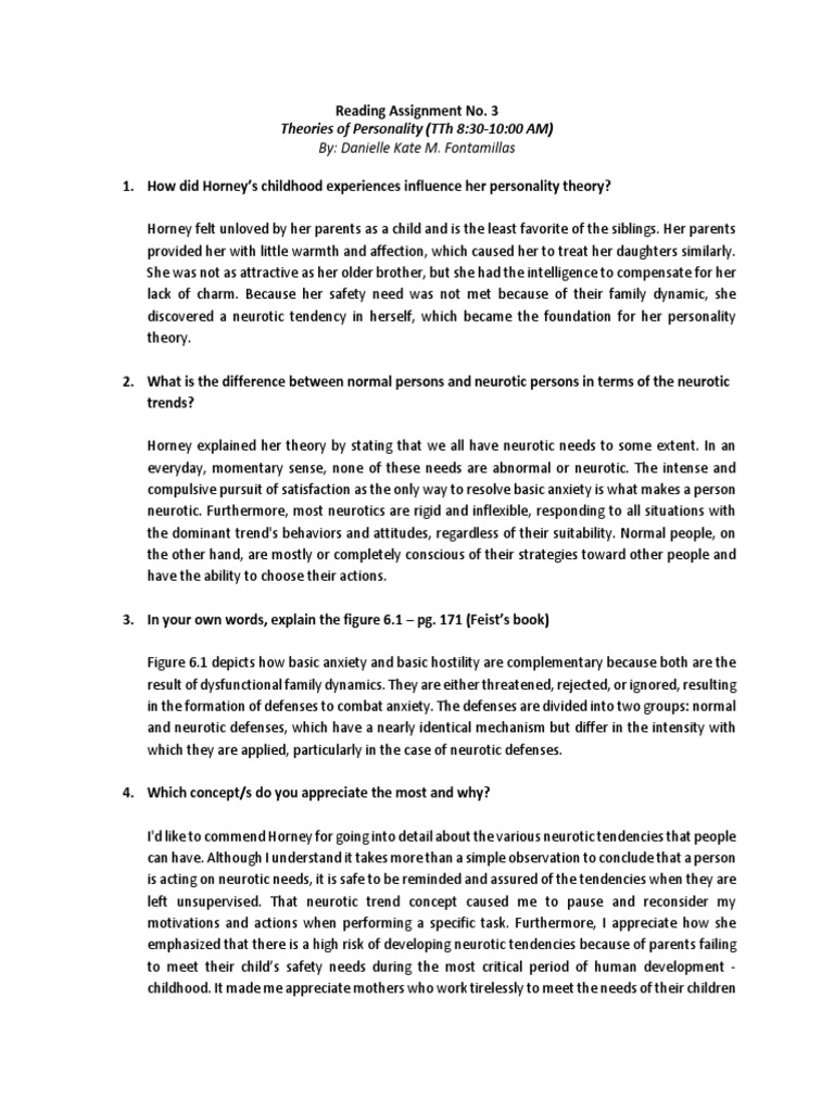 Reading Assignment - Horney's Theory (Theories of Personality) | PDF | Anxiety | Behavioural ...