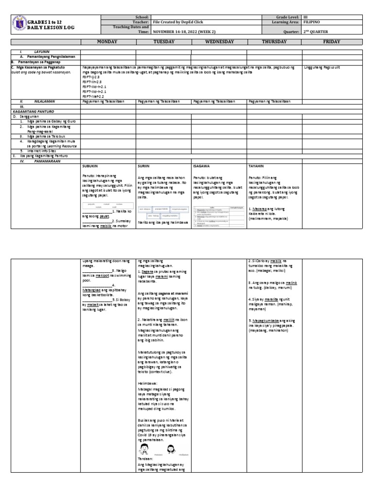 DLL - Filipino 3 - Q2 - W2 | PDF