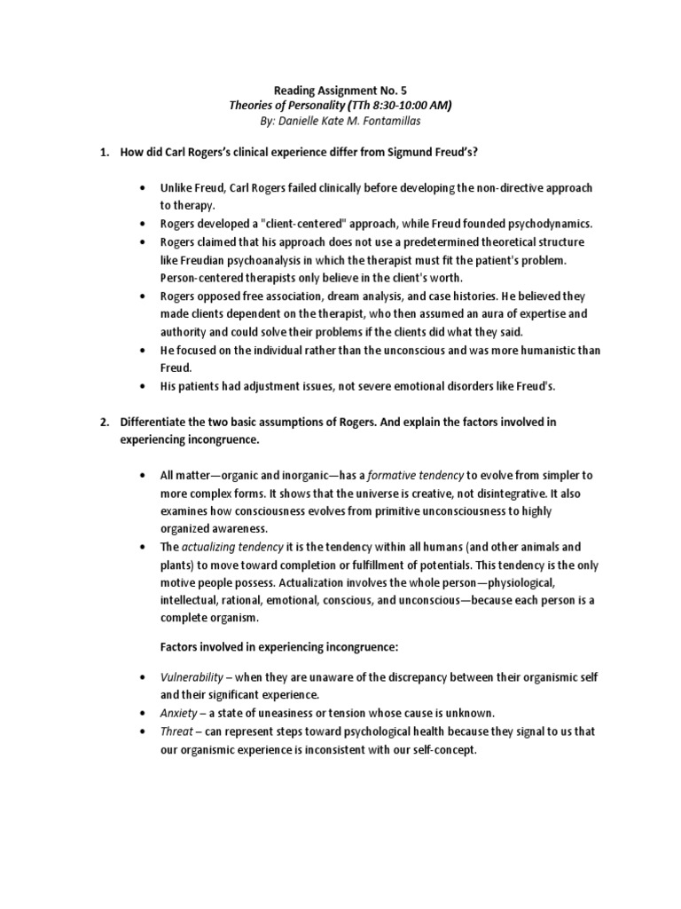 Reading Assignment - Roger's Theory (Theories of Personality) | PDF ...