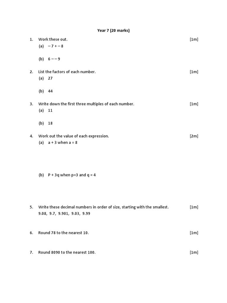 Year 7 Placement Test | PDF