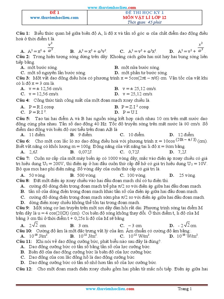 Bo de Thi Vat Li 12 HK1 Co Dap An | PDF