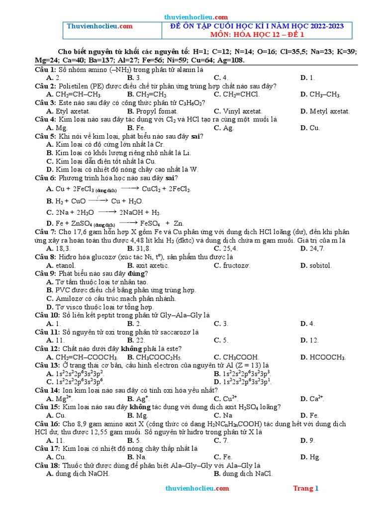 Bo de On Thi HK1 HOA 12 Nam 2022 2023 | PDF