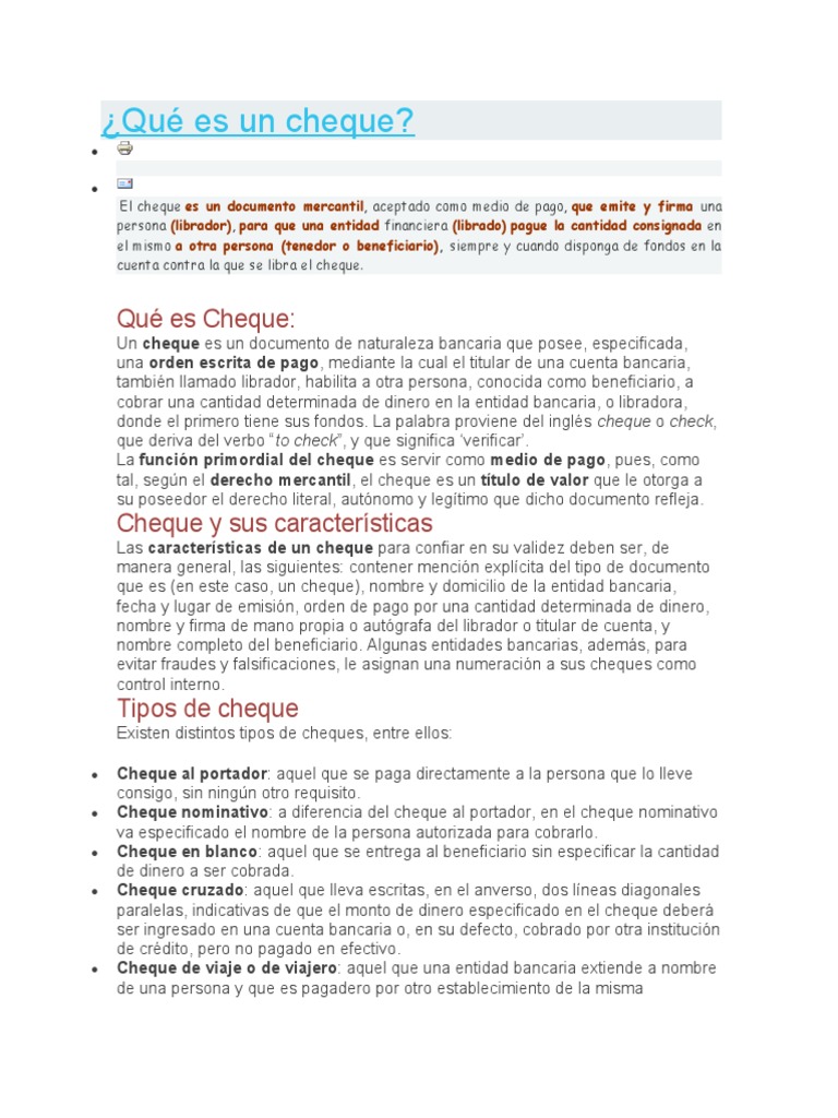 Qué Es Un Cheque | Descargar gratis PDF | Cheque | Bancos