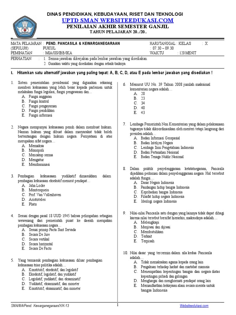 Soal Pas PKN Kelas X K13 | PDF