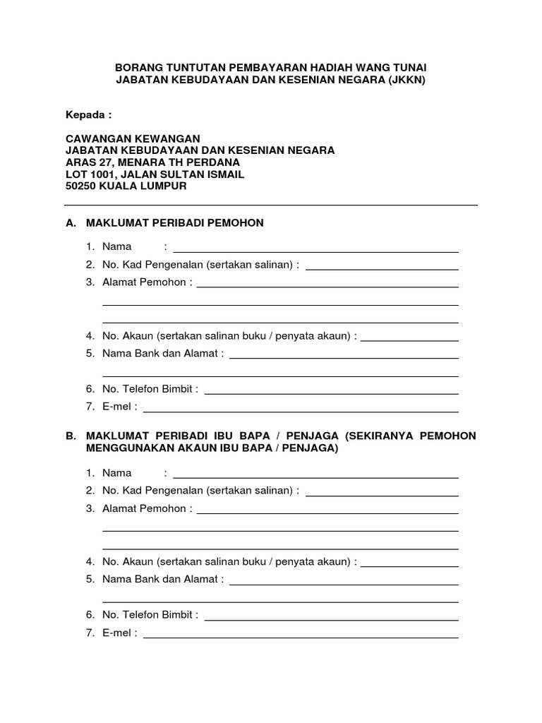 Borang Tuntutan Pembayaran Hadiah Wang Tunai (Saguhati) | PDF