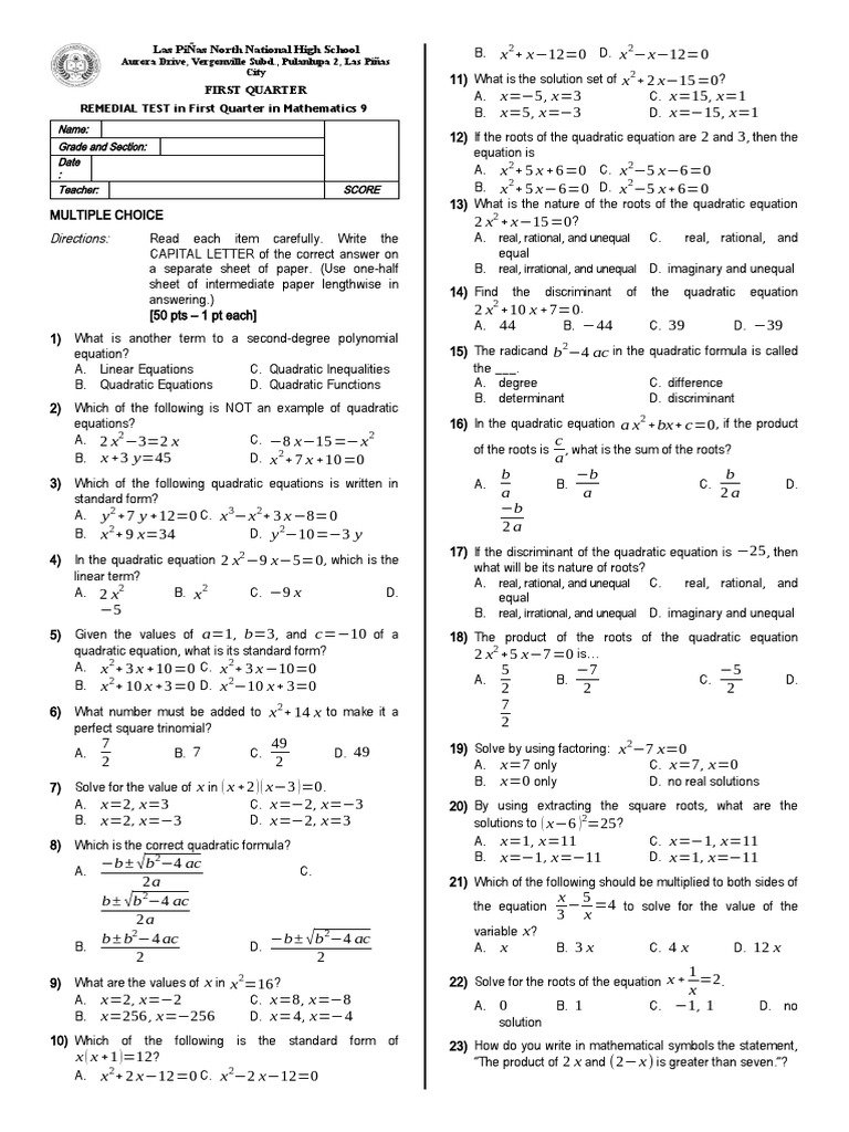 G9 Remedial Test in First Quarter in Mathematics 9 SY 2022 2023 | PDF ...
