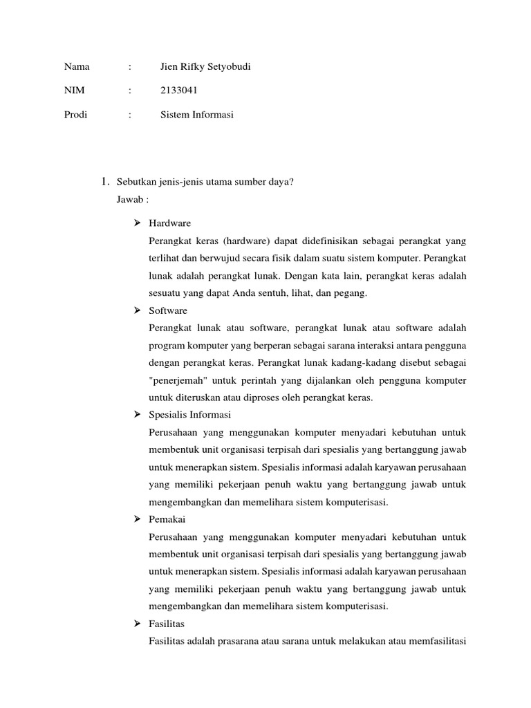 Jien Rifky Setyobudi - 2133041 - SI3B - Tugas 3 Sistem Informasi Manajemen | PDF | Komputer