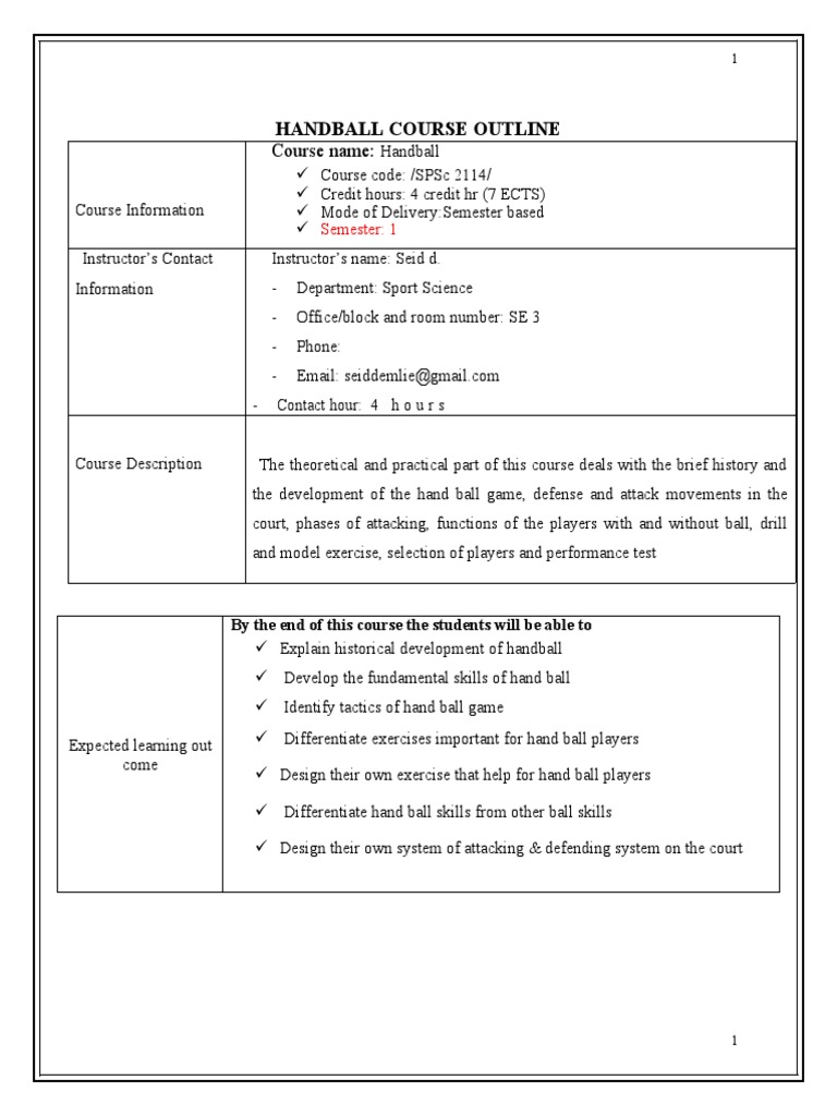 Handball Course Outline | PDF | Teaching Method | Course Credit