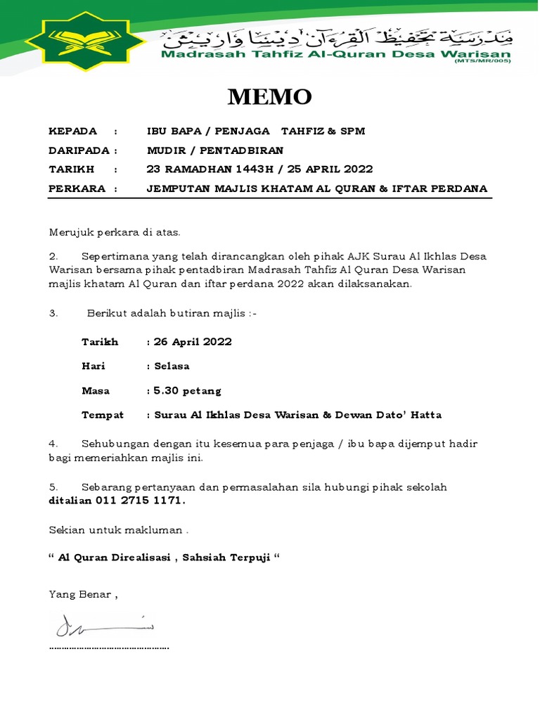 Memo Jemputan Khatam Quran 22 | PDF