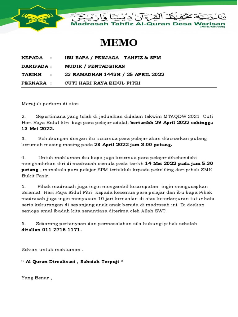 Memo Cuti Hari Raya Puasa 2022 | PDF | Kesehatan Holistik