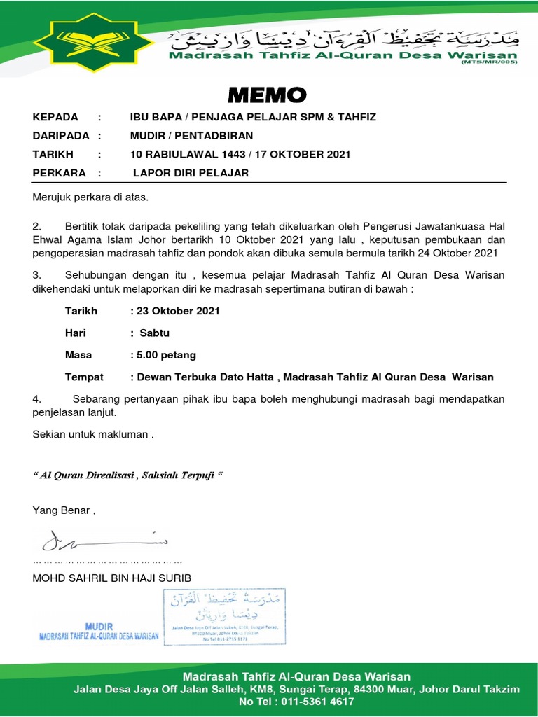 MEMO MAKLUMAN Lapor Diri 1021 | PDF