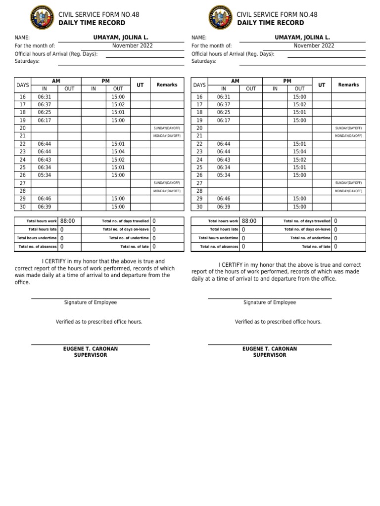 Daily Time Record Daily Time Record: Civil Service Form No.48 Civil ...