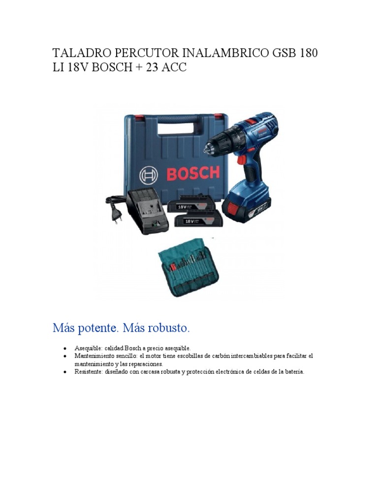Taladro Percutor Inalambrico GSB 180 Li 18V Bosch | PDF