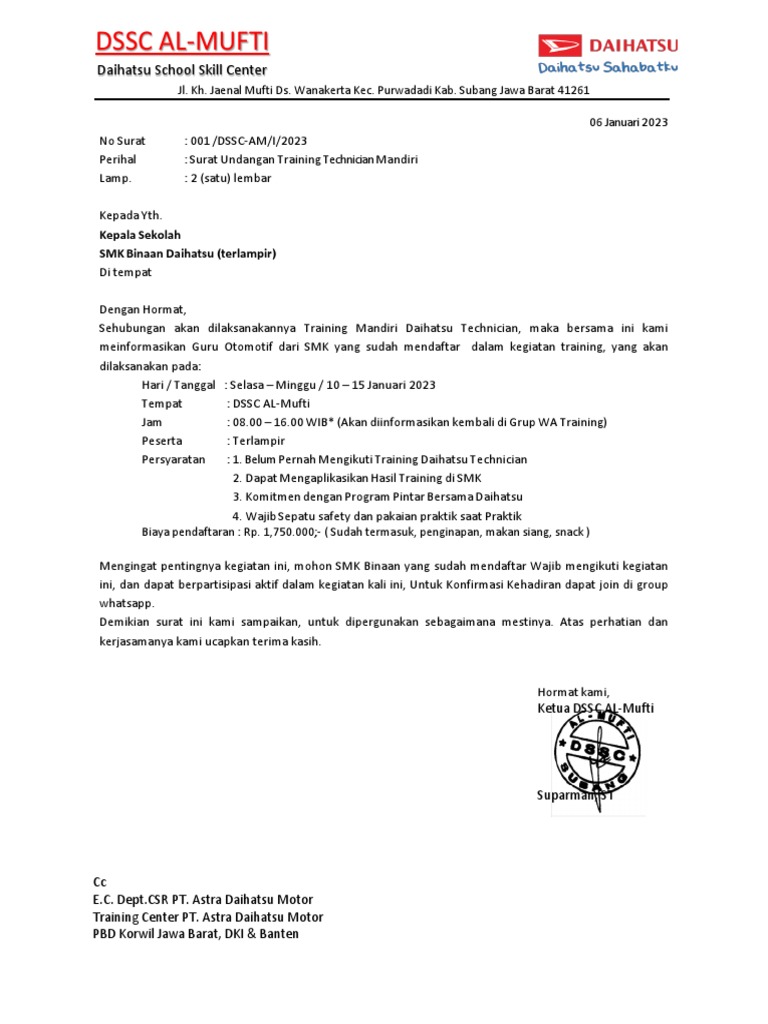 Surat Undangan Training Technician Jan 2023 DSSC Al-Mufti | PDF