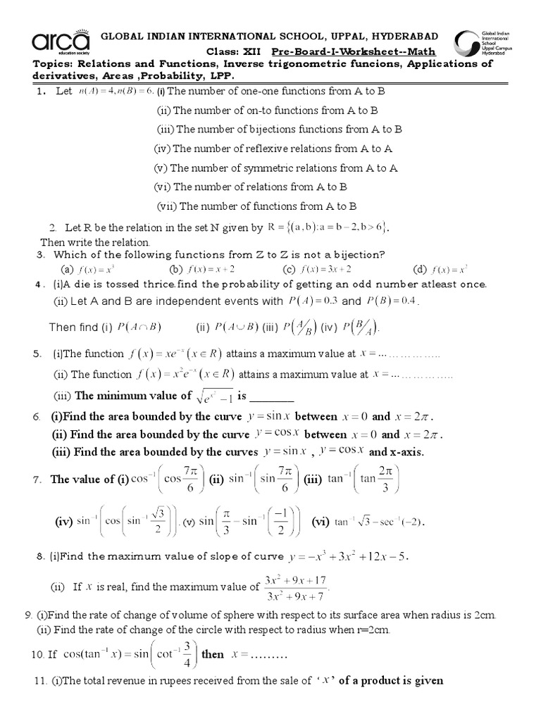 XII PB - I - Math-Worksheet | PDF | Maxima And Minima | Function (Mathematics)