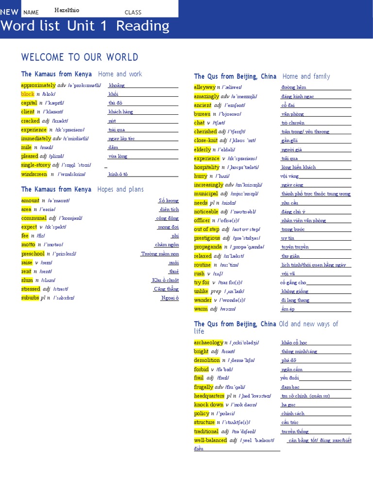 Wordlist Unit 1 Reading | PDF