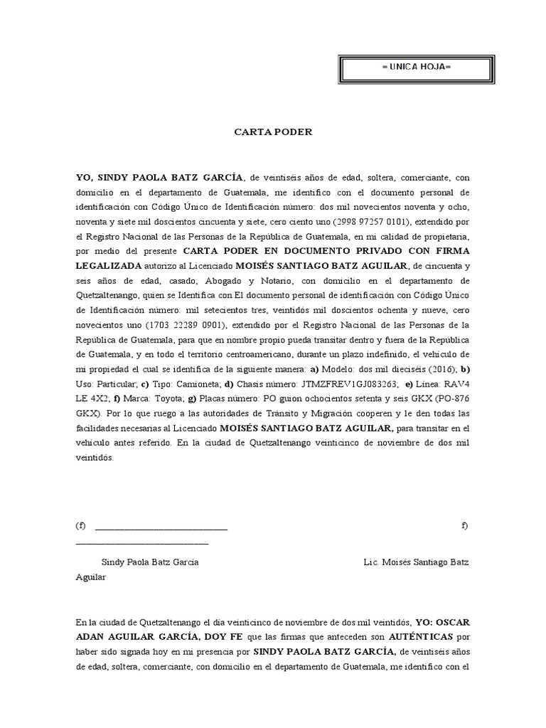Carta Poder Para Manejar Vehiculo Al Extanjero Pdf Guatemala Justicia