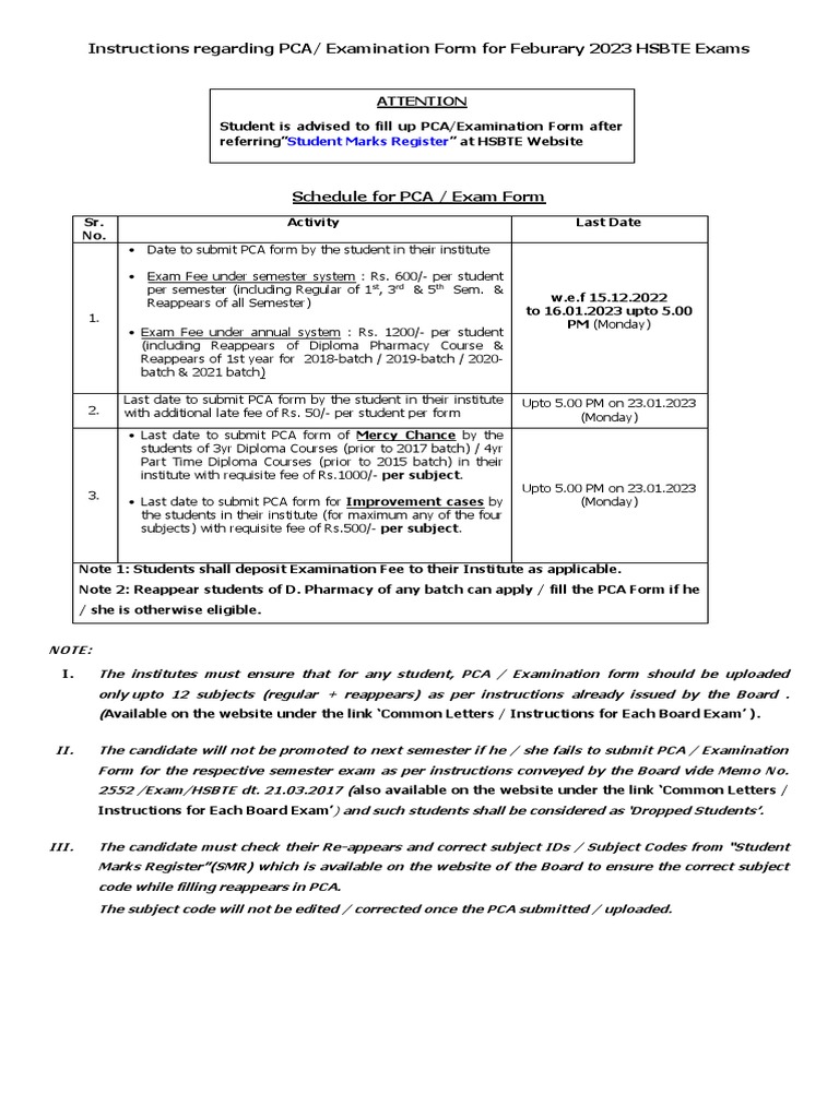 Instructions Regarding PCA Examination Form Feb 2023 | PDF | Test ...