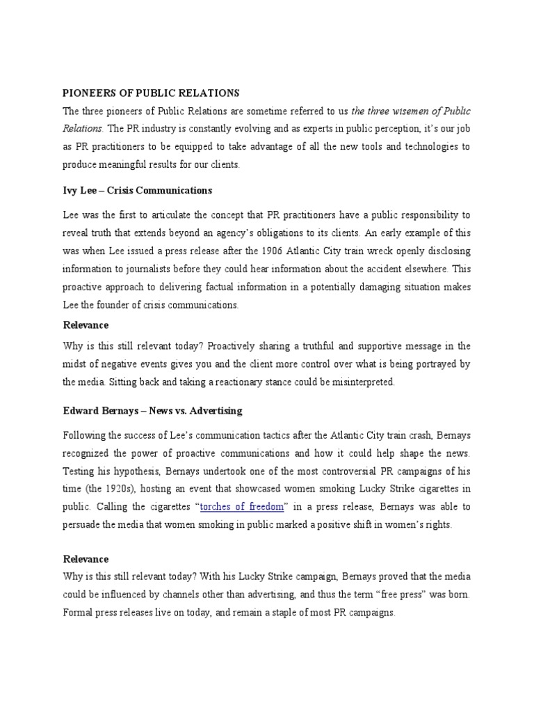 Pioneers of Public Relations History | PDF | Public Relations ...