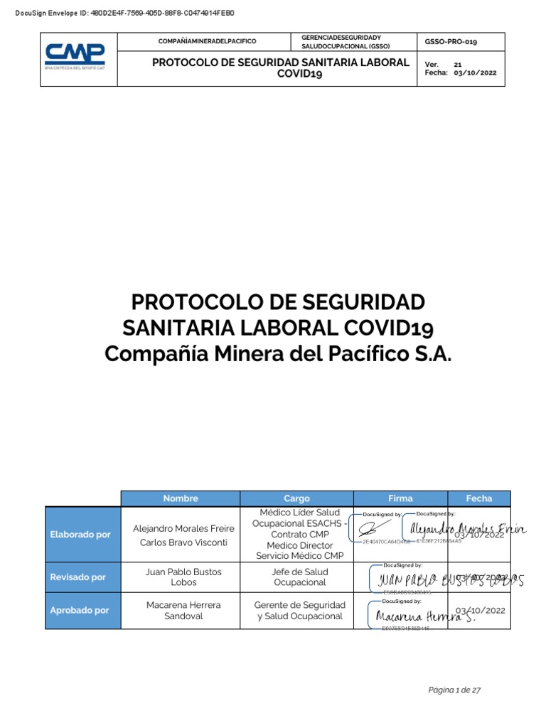 Protocolo de Seguridad Sanitaria Laboral COVID19 CMP Versión 21 | PDF | Lavado de manos ...