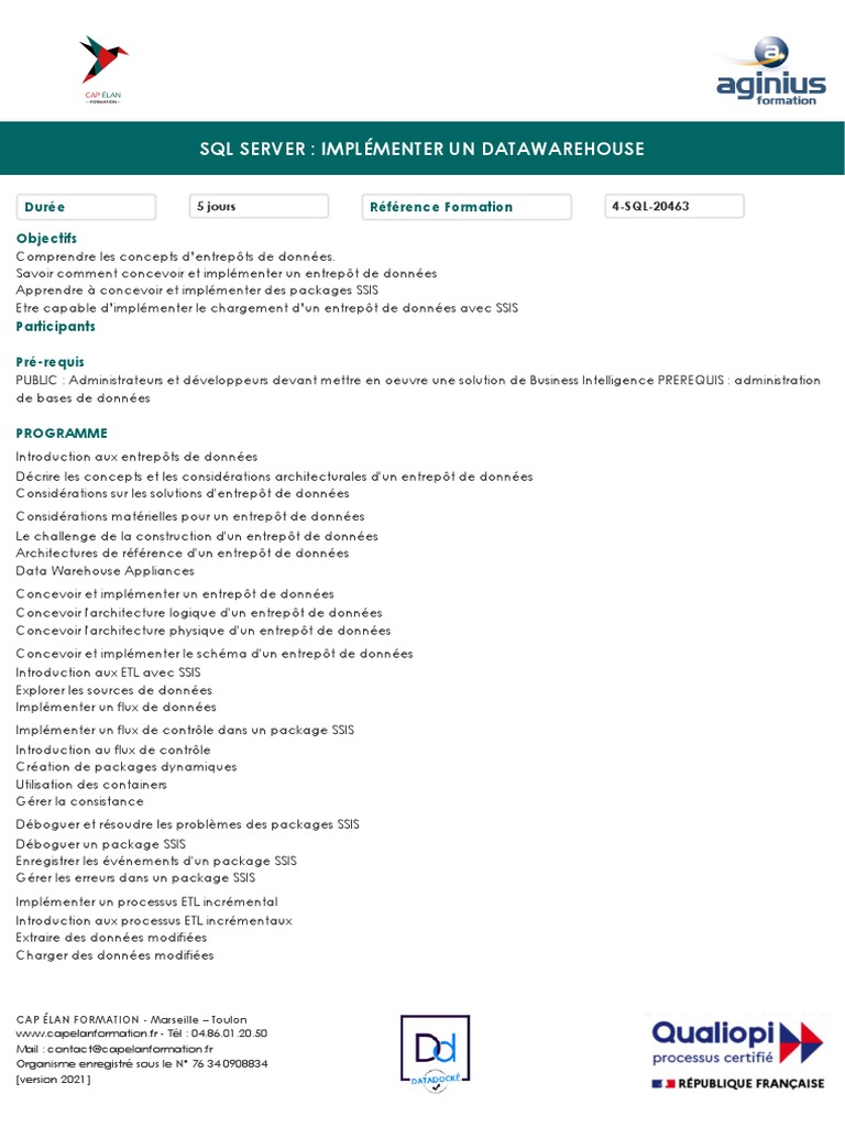 Formation SQL Server : Datawarehouse et SSIS | PDF | Entrepôt de données | Microsoft SQL Server