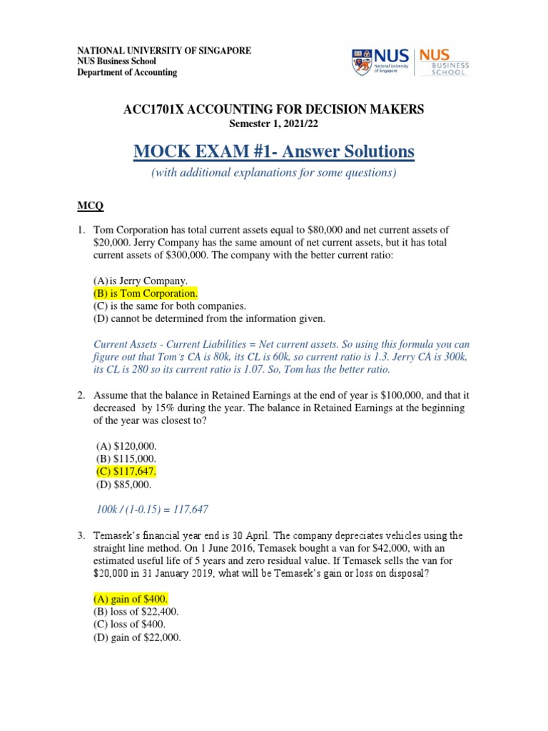 ACC 1701X Mock Exam #1 Solution | PDF | Dividend | Expense