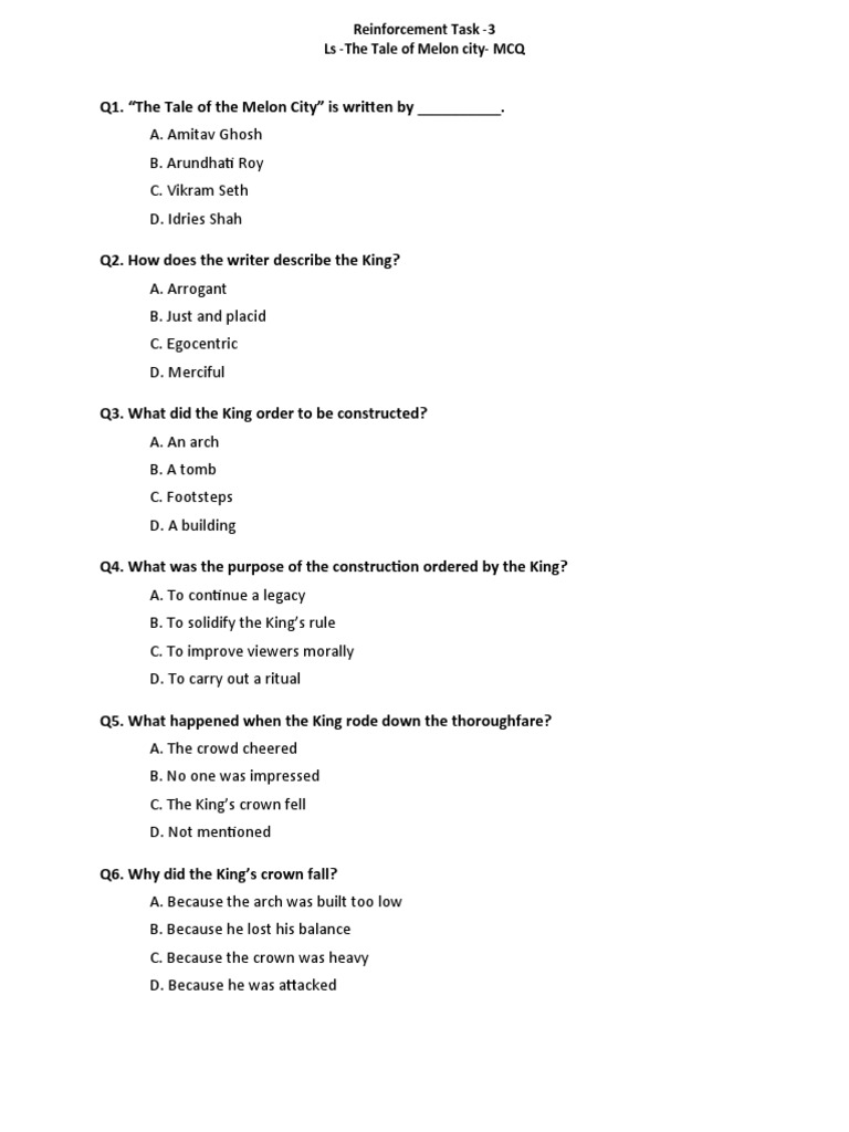 Reinforcement Task 4 - Tale of Melon City - MCQs | PDF