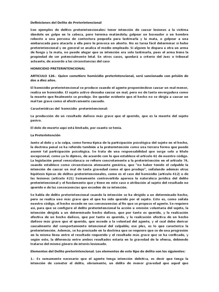 Delito Preterintencional: Análisis y Definiciones | PDF | Intención ...