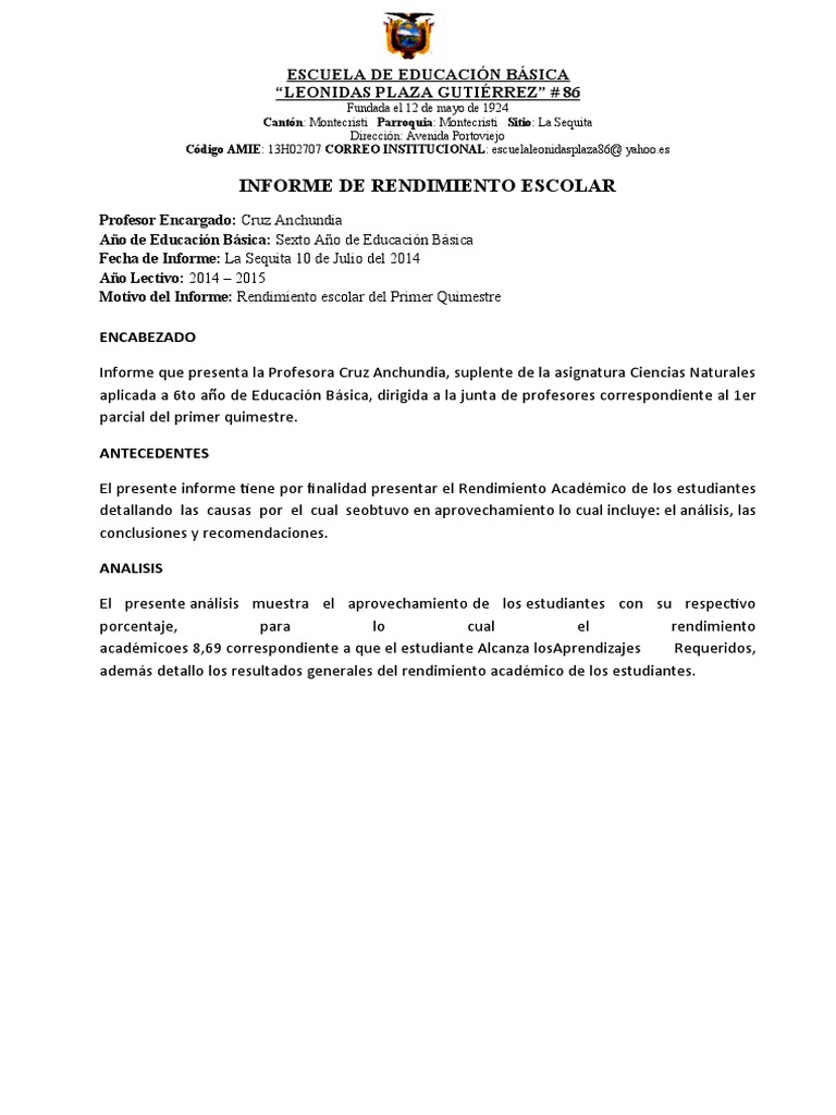 Informe de Rendimiento Escolar General - Docxmodelo | PDF | Educación ...