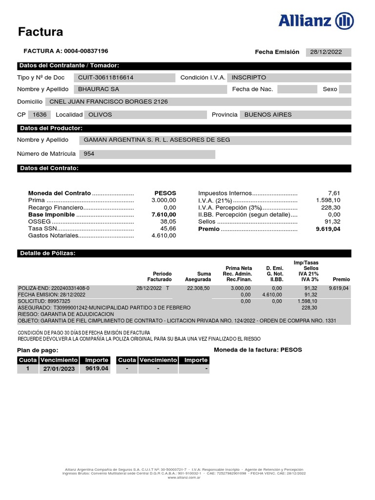 09-Allianz Seguro FC 837196 | PDF | Póliza de seguros | Seguro