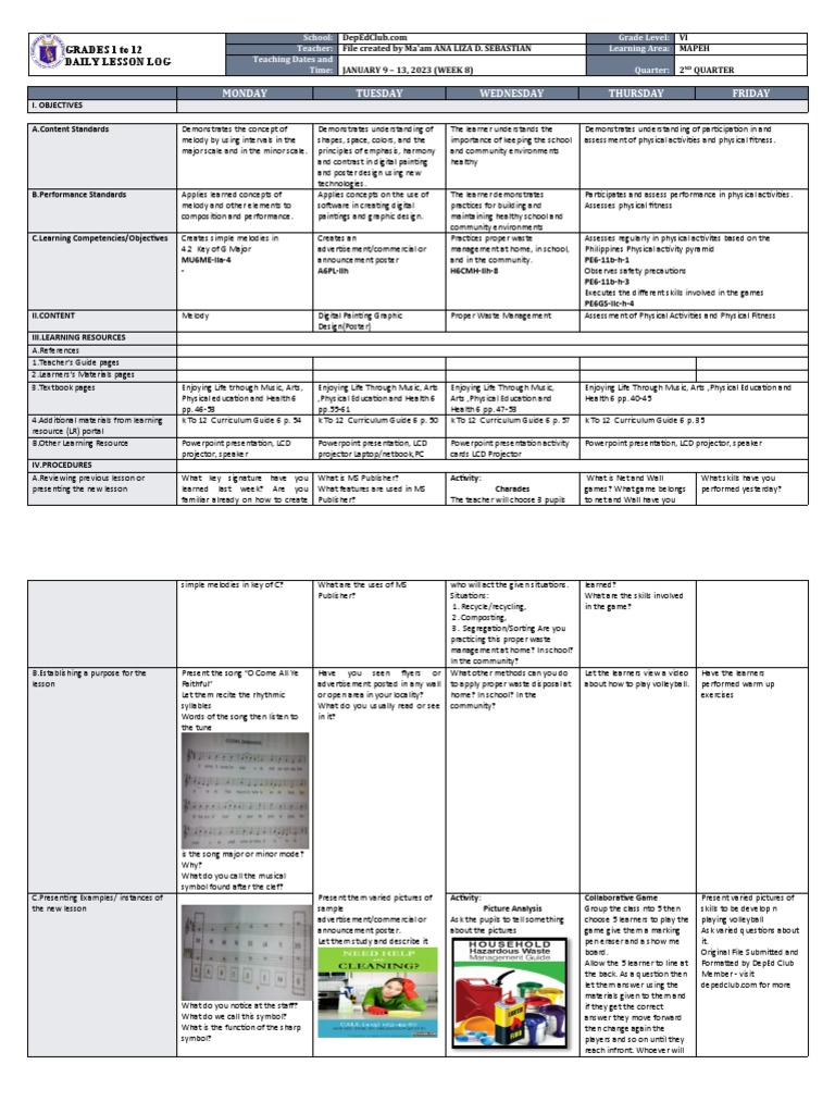 DLL - Mapeh 6 - Q2 - W8 | Download Free PDF | Learning | Teachers