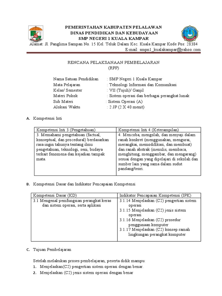 RPP 6 Ganjil Kelas 7 TIK - Sistem Operasi Dan Berbagai Perangkat Lunak ...
